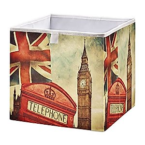 ALAZA Collapsible Storage Cubes Organizer,London Red Phone Booth Big Ben and The Union Jack Flag Storage Containers Closet Shelf Organizer with Handles for Home Office
