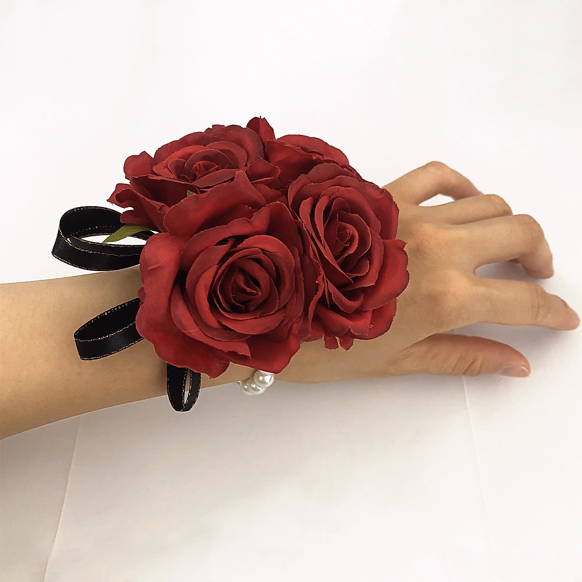 YOKOKE Prom Corsage and Boutonniere Set, Rose Boutonniere and Wrist Corsage Wristlet Set Flowers for Party Ball Dancing Prom Suit Decorations (Red)
