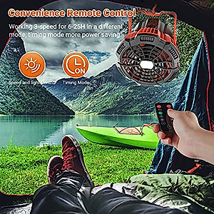 Portable Fan Camping Fan for Tents, 25 Hours Work-time Camping Lantern Ceiling Tent Fan Desk Fan with 7800mAh Power Bank, Clip and Remote, Usb Rechargeable Fan for Hiking, BBQ,Hunting, Hurricane (Black Orange)