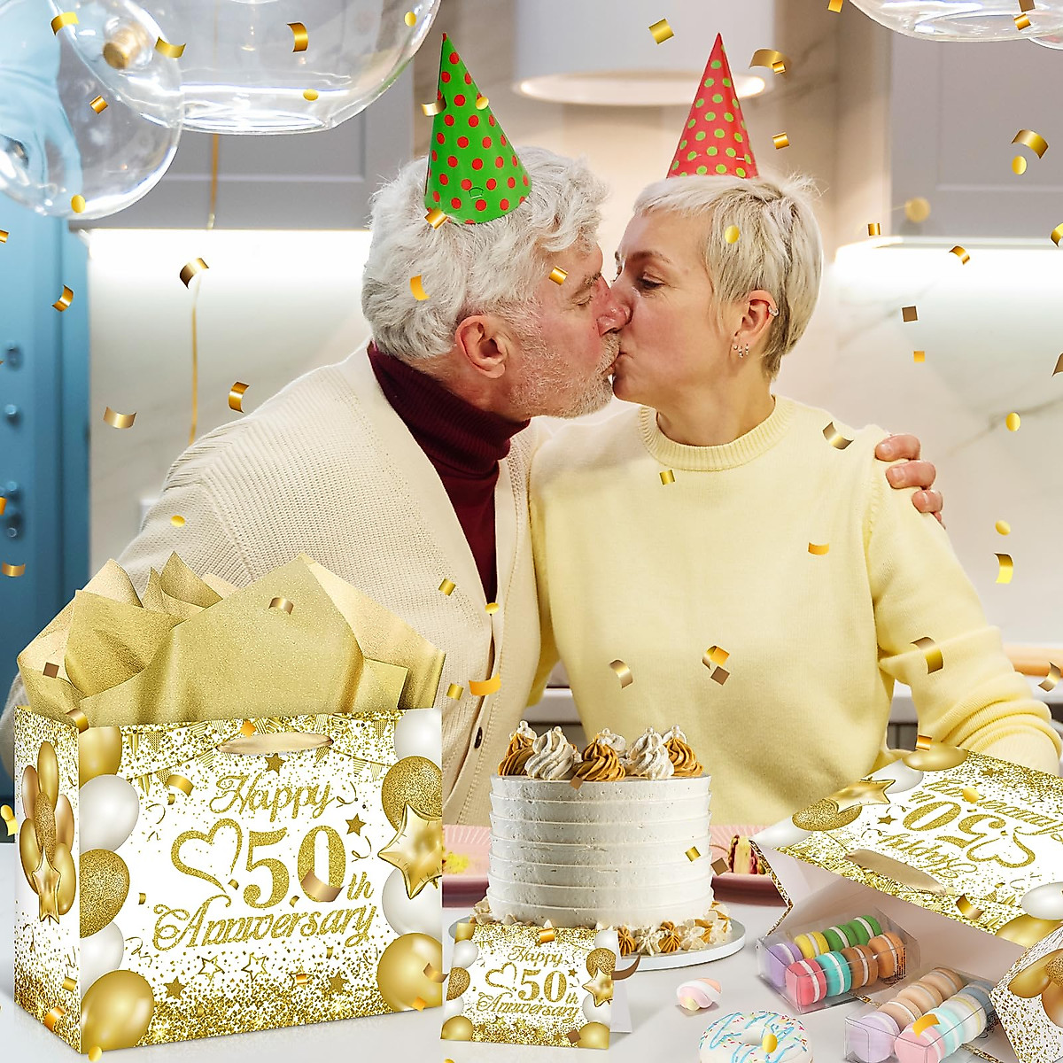 50th Anniversary Paper Gift Bag, White Gold 50th Anniversary Party Gift Bag with Tissue Papers Card 50th Wedding Anniversary Paper Gift Wrapping Bag 50th Golden Wedding Anniversary Christmas Decor