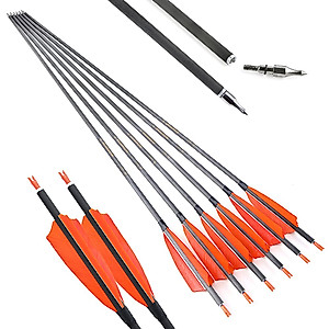 AMEYXGS 6/12 Pcs 34 Inch Archery Carbon Arrows 400 Spine Hunting Compound Arrows with 4” Turkey Feather Target Practice Arrow for Compound and Recurve Bow (Orange set, 12 pcs)