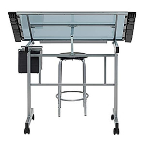 SD Studio Designs Studio Designs 2 Piece Vision Modern Metal Hobby, Craft, Drawing, Drafting Table, Mobile Desk with 40.75" W x 25.75" D Angle Adjustable Top in Silver/Blue Glass