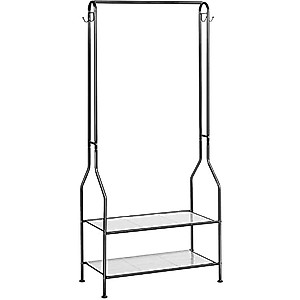 Heavy Duty Commercial Grade Clothing Garment Rack, 2-Tier Entryway Metal Coat Rack and Shoe Bench Storage Stand with Single Rod and 4 Hooks for Home Office Bedroom Max Capacity 66.1lbs, Black