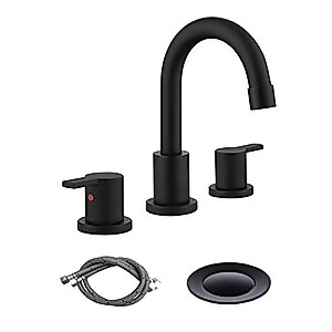 RKF Bathroom Faucets for Sink 3 Hole Matt Black 8 inch Widespread Bathroom Sink Faucet with Drain Double Lever Handle Faucet Bathroom Vanity Faucet Basin Mixer Tap Faucet with Hose&Deck WF015MB