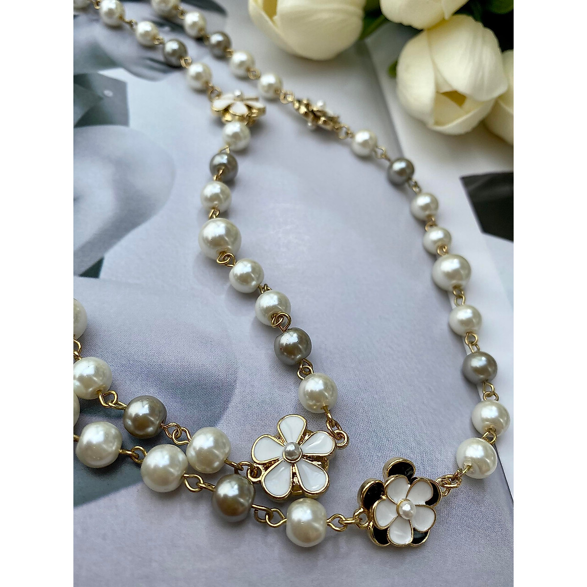 Designer Inspired Long Double Pearl Strand Layered Camellia Flower Pendant Necklace for Women, Dainty Sweater Necklace for Party, Vintage Costume Jewelry