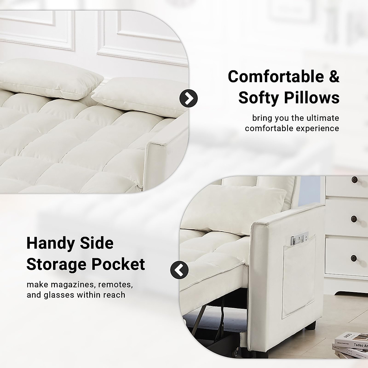 Skepphlay 3 in 1 Convertible Sofa Bed, Pull Out Couch, Loveseat Sleeper with Adjustable Backrest Chaise Lounge with 2 Pockets and 2 Pillows for Living Room Apartment, White