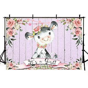 ABLIN 8x6ft Holy Cow Baby Shower Backdrop for Girl It's a Girl Baby Shower Decorations Pink Flowers Rustic Wood Photography Background Girl Baby Shower Party Supplies Props