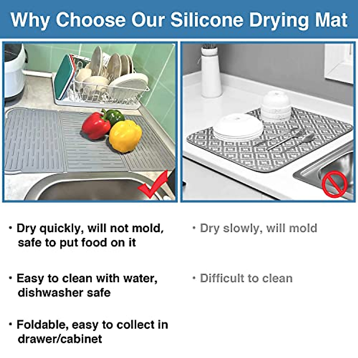 Yatmung Collapsible Silicone drying mat for Kitchen Counter - Non-Slip dish drying pad with hook and retaining band - Foldable design ( 24" x 13" ) to（ 8" x 13" ）- Large rubber rack mat（ Grey ）