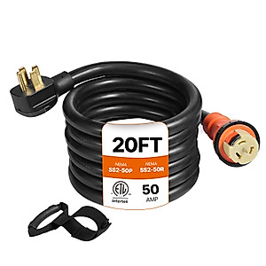 VEVOR 20 Feet Generator Power Cord 50AMP ETL Listed Generator Extension Cord, 12000 Watts Black Cable, SS2-50R Generator Plug, SS2-50P Extension Cord, 125/250V Generator Wire w/Portable Strap