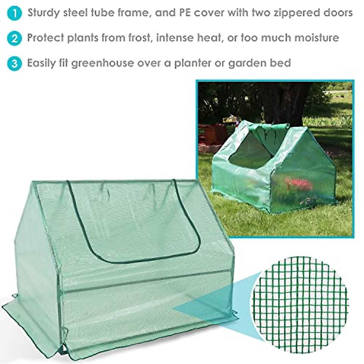 Sunnydaze Mini Greenhouse with 2 Zippered Side Doors - Steel Tube Frame with PE Panels - Outdoor Portable Greenhouse Tent - Fits Over Planter or Garden Bed - Green - 4 x 3 Feet