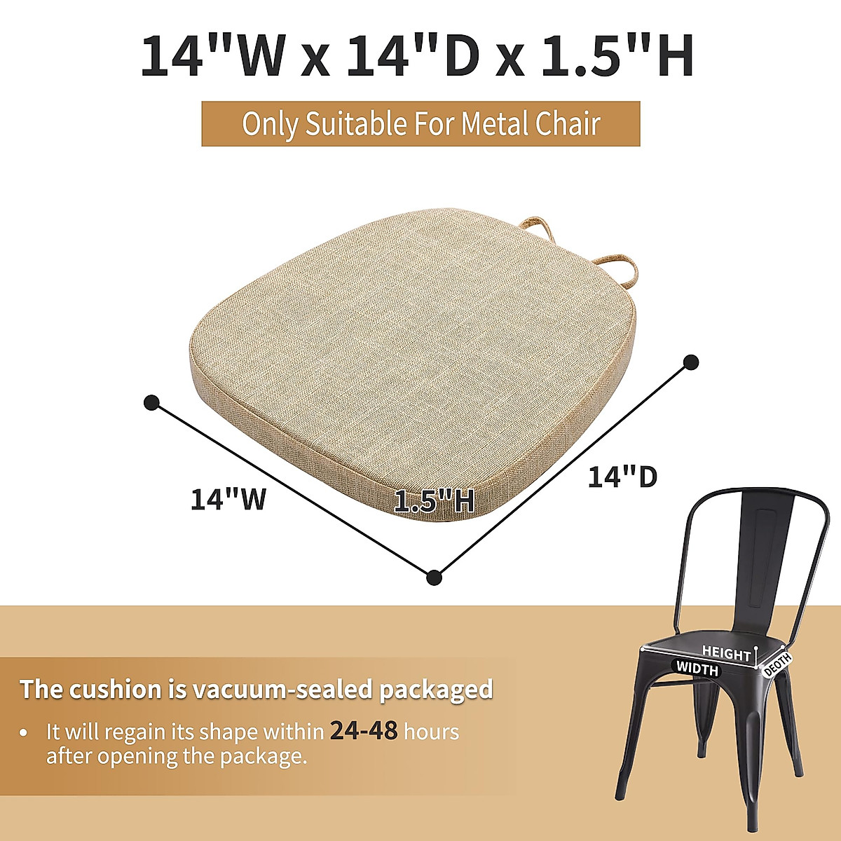 baibu 14x14 Inches Metal Chairs Cushions with Ties Set of 4, Non-Slip Metal Dining Chair Pads Kitchen Chair Cushions with Machine Washable Cover - 4 Cushions Only (Natural Linen, 14x14x1.5in)