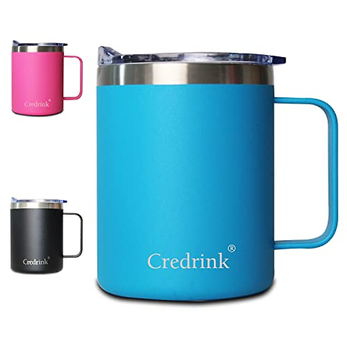 Credrink 15 oz Insulated Coffee Mug，Handle cup with sliding lid,，Stainless Steel Aqua Bottle，Double Wall Vacuum Insulated Trave Mug, Keep Warm for 6 Hours, Refrigerate for 12 Hours(blue Coffee Mug)