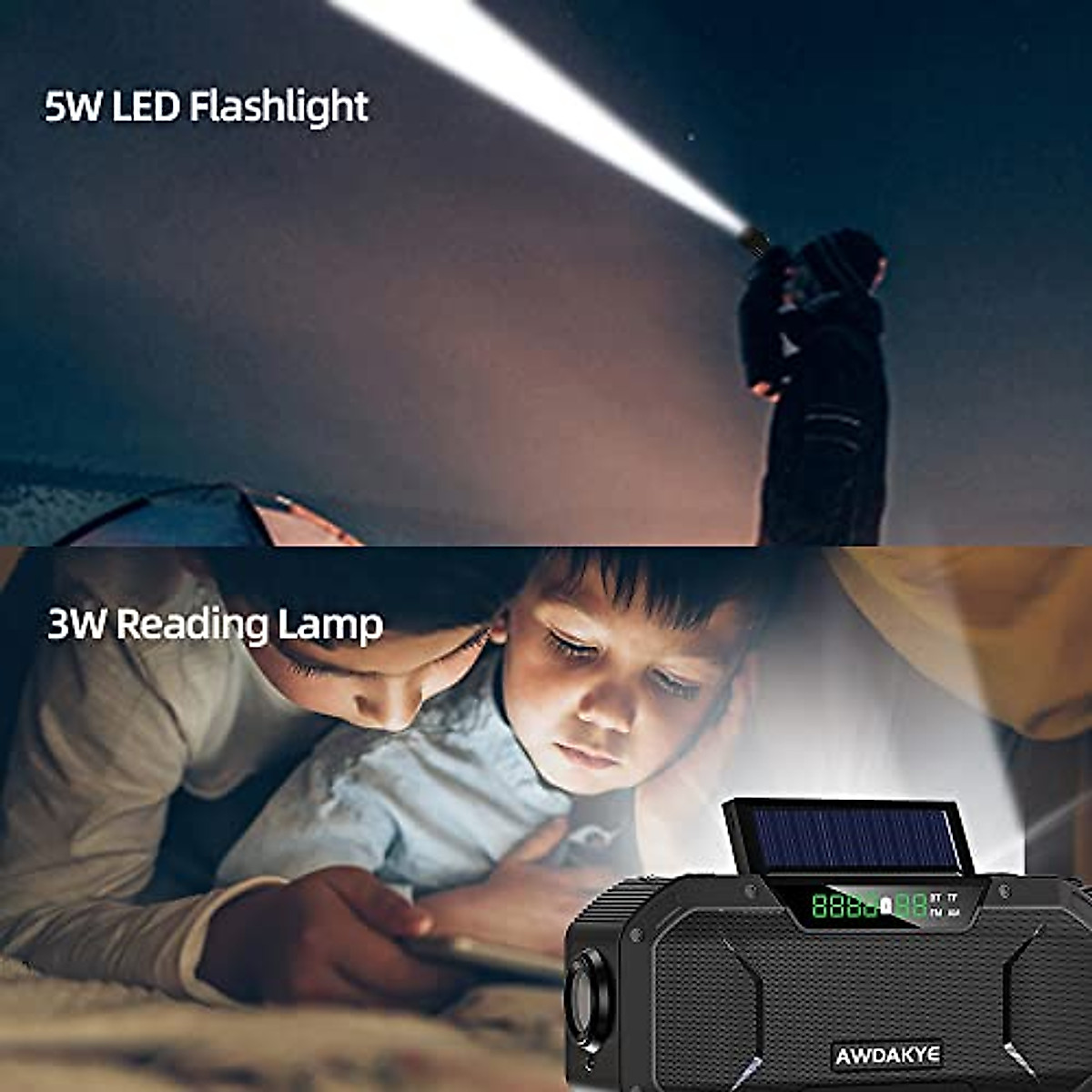 5000mAh Emergency Weather Radio with Bluetooth Speaker, Waterproof Hand Crank Digital NOAA AM FM Weather Radio, Solar Radio with Flashlight, Cell Phone Charger, Compass, Camping Survival Gear