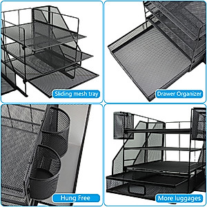 navmen Desk Organizer with File Holder,4 Tier Metal Mesh Desktop Organizer Paper Letter Tray Organizer with Drawer Holder and 2 Pen Holder,for Office Supplies Home or School Storage,(Black)