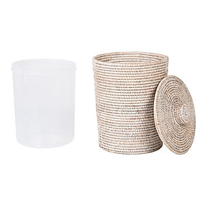 Kouboo La Jolla Rattan Round Plastic Insert & Lid, Large, White-Wash for Bedroom, Living Room and Bathroom Basket for Dry or Organic Waste
