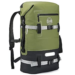 STOVER Waterproof Dry Bag Backpack 35L for Kayaking, Heavy Duty Roll-Top Closure Floating Bag with Front Pocket and Reflective Strip for Outdoor Water Activities (Green)
