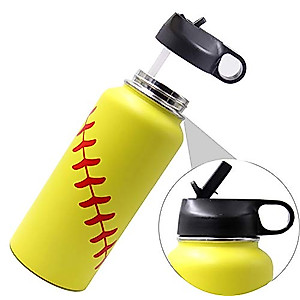 32 oz Softball Water Bottle, Flask Sports with 2 Lids 18/8 Stainless Steel Tumbler Double Wall Vacuum Insulated Hot/Cold (32oz, Yellow Softball)