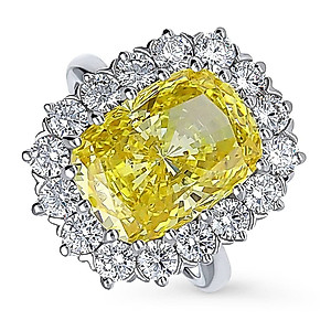 BERRICLE Sterling Silver Halo Yellow Cushion Cut Cubic Zirconia CZ Statement Cocktail Fashion Ring for Women, Rhodium Plated Size 8