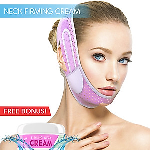 LAUER COSMETIC Double Chin Reducer Chin Strap Face Mask Reusable V Shaped Slimming Face Mask & Neck Firming Cream V Line Lifting Mask Chin Up Patch (Pink)