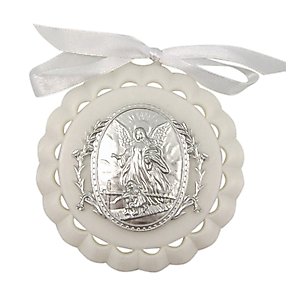 Moulded Acrylic White Crib Medal with Guardian Angel for Baby Nursery Decor, 3 1/2 Inch