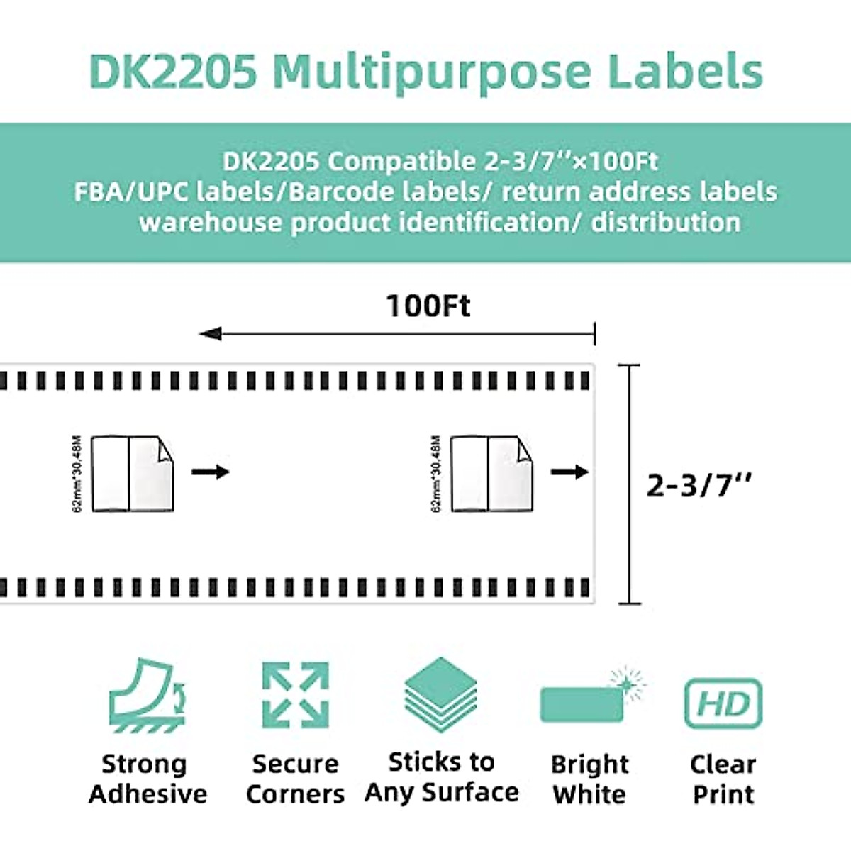 JinyaPack 8 Rolls DK 2205 Continuous Length Paper Tape Labels Replacement for Brother DK-2205 Use with Brother QL Label Printers [8 Rolls + 1 Frame]