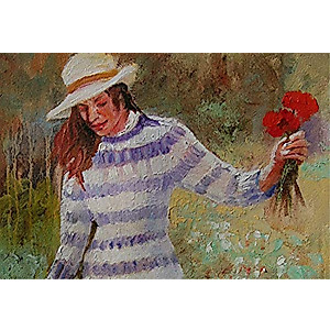 (SOLD) The Puppies and Poppies - female figure and Golden Retrievers by internationally renown painter Yary Dluhos