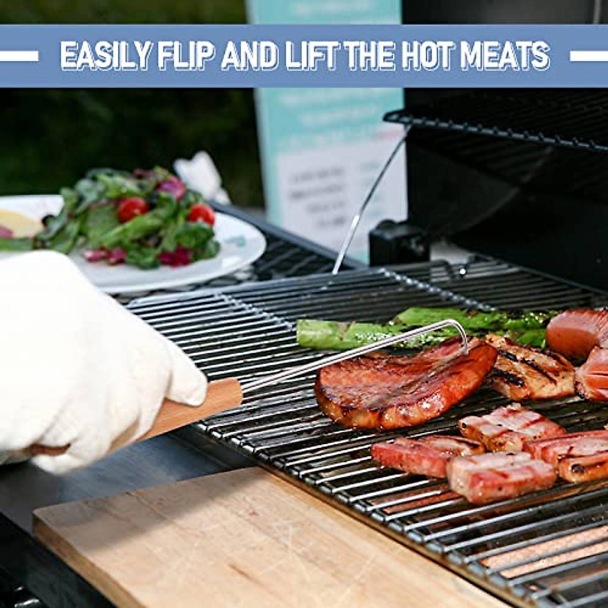 Pigtail Food Flipper 2Pcs, HaSteeL 17Inch Meat Turner Hook, Stainless Steel Pig Tail Flipper Hook With Wooden Handle, Grill Accessories for BBQ Grilling Griddle Kitchen Cooking - Left & Right Handed