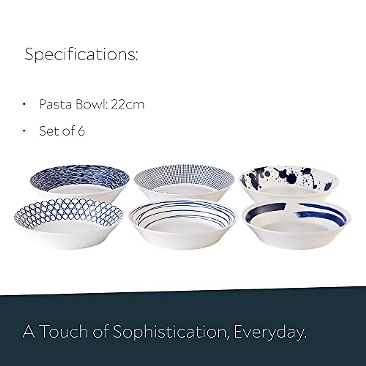 Royal Doulton Porcelain Pacific Mixed Patterns Set of 6 Pasta Bowls, 22cm, Blue