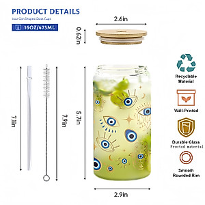 vradcorel Evil Eye Glass Cups With Bamboo Lids And Straws - Iced Coffee Cup Home Decor -Ojo Turco Drinking Glasses for Beer -Cute Can Shaped for Latte,Soda,Smoothie Whiskey -Gift for Women