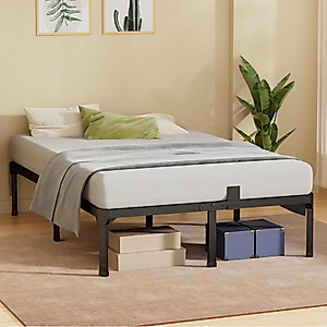 ROIL 14 Inch Queen Size Bed Frame with Mattress Slide Stopper - Double Black Basic Anti Squeak Steel Slats Metal Platform, Heavy Duty Noise Free Easy Assembly Bedframes, No Box Spring Needed