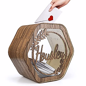 Malihome Personalized Wedding Card Box,Wooden Memory Box,Keepsake Box,Greeting Card Box,For Rustic Wedding Decor, Collection of Wedding Wishes Cards, Custom Surname and Date. (Wood color)