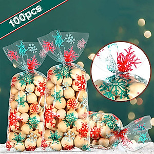 Snowflake Cello Treat Bags Christmas Xmas Party Cellophane Plastic Candy Goodie Bags with Twist Ties for Winter Holiday Wonderland Birthday Baby Shower Party Favors (Pink)