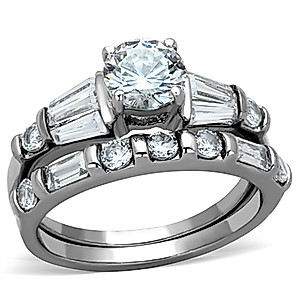 Marimor Jewelry 2.50 Carat Round Cubic Zirconia Stainless Steel Engagement Wedding Ring Set Size 8