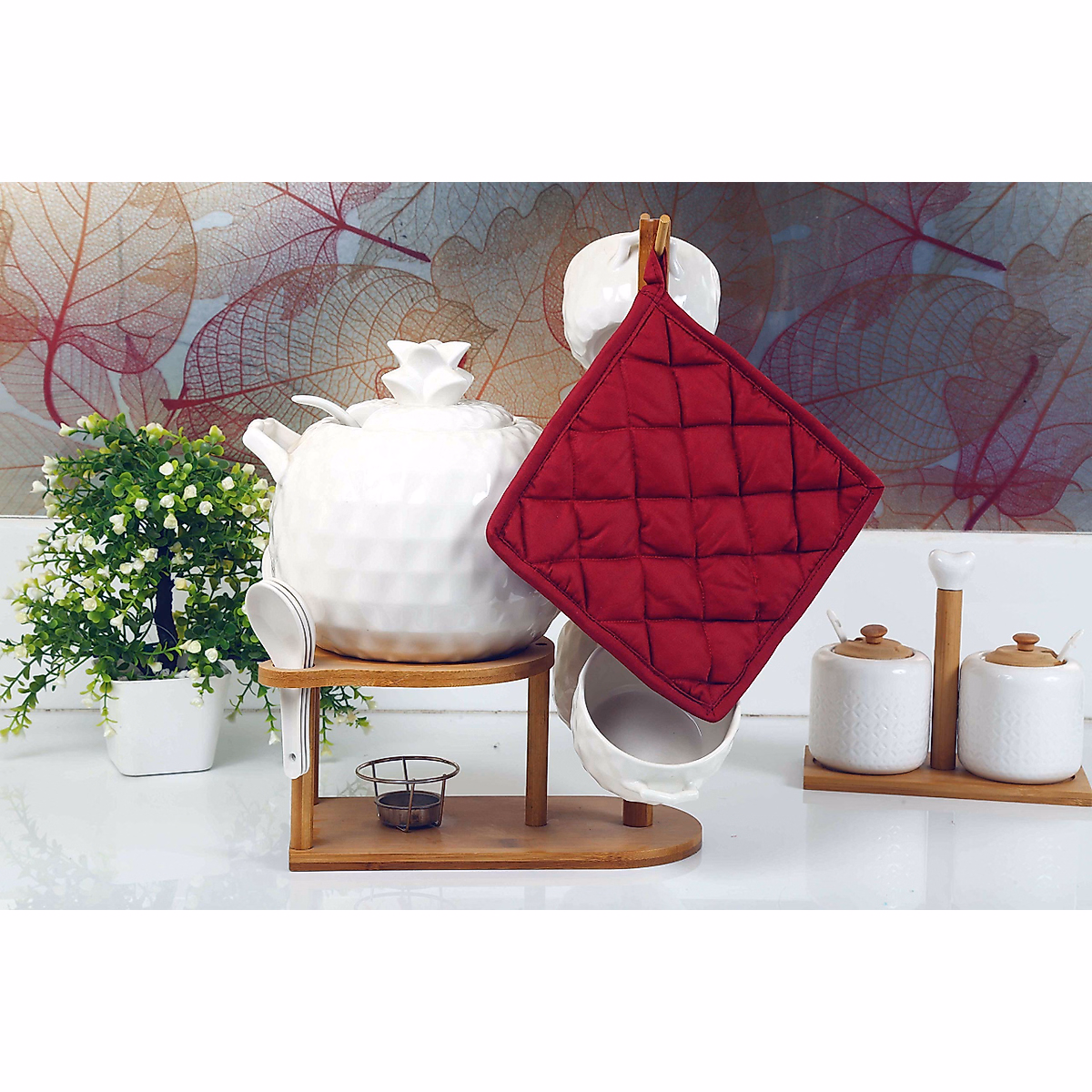 Pot Holders Cotton Made Machine Washable Heat Resistant Potholder, with Hanging Loop, Potholder for Cooking, Baking, Serving- Size 7" x 7" - Burgundy Color - ( Pack of 30 )