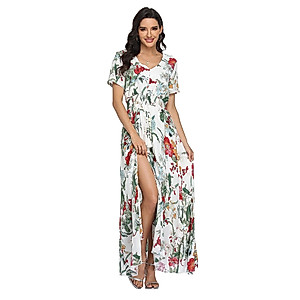 VintageClothing Women's Floral Maxi Dresses Boho Button Up Split Summer Casual Long Dress Beach Party Dress, L