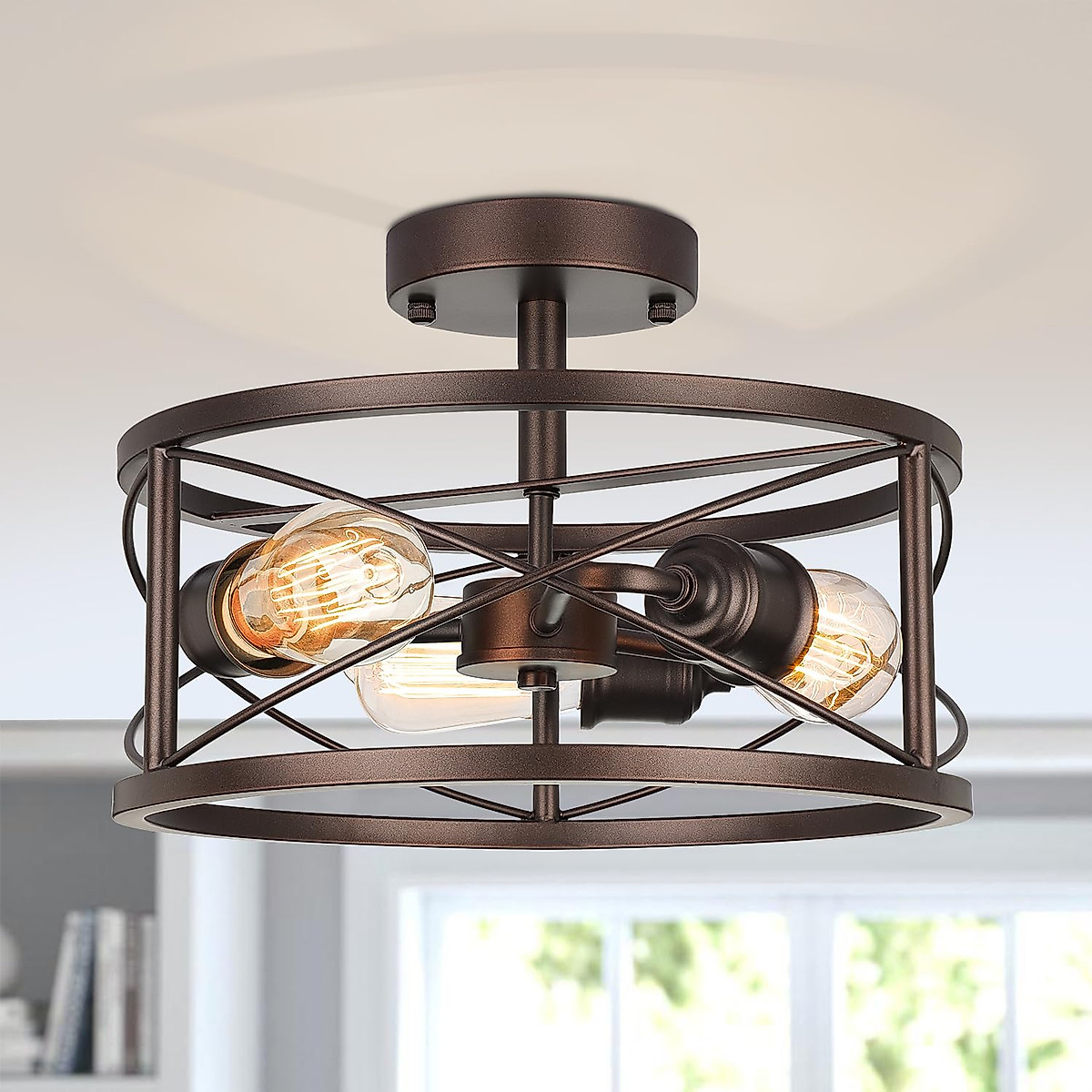 SunRider Industrial 3-Light Semi Flush Mount Ceiling Light, Bronze Farmhouse Lighting Fixture with Metal Cage, Retro Pendant Lamp for Hallway Kitchen