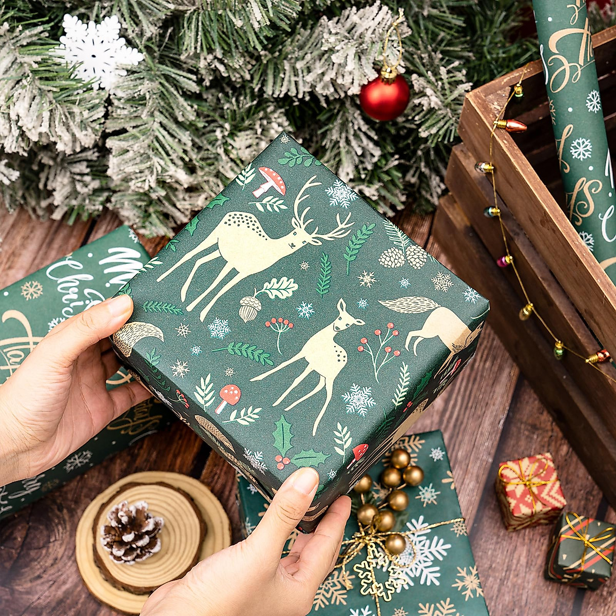 RUSPEPA Christmas Animals Wrapping Paper Rolls - 17 inches x 10 feet per Roll, Total of 3 Rolls - Green Design