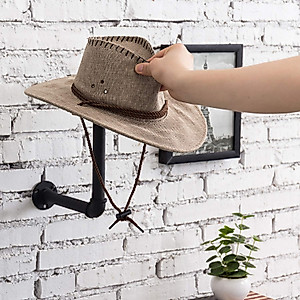 MyGift Set of 3 Wall Mounted Hat Rack Holder with Realistic Black Metal Pipe and Brown Wood, Hanging Entryway Hat Hooks and Wig Holder Rack