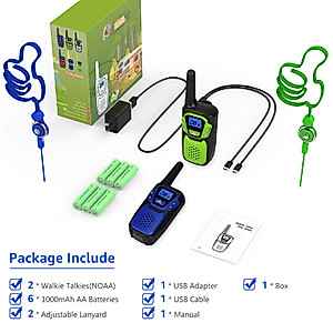 Walkie Talkies for Adult, Rechargeable Long Range Walky Talky Handheld Two Way Radio with NOAA Weather Channel, 6x1000MAH AA Batteries and USB Charger Included (Blue and Green 2 Pack)
