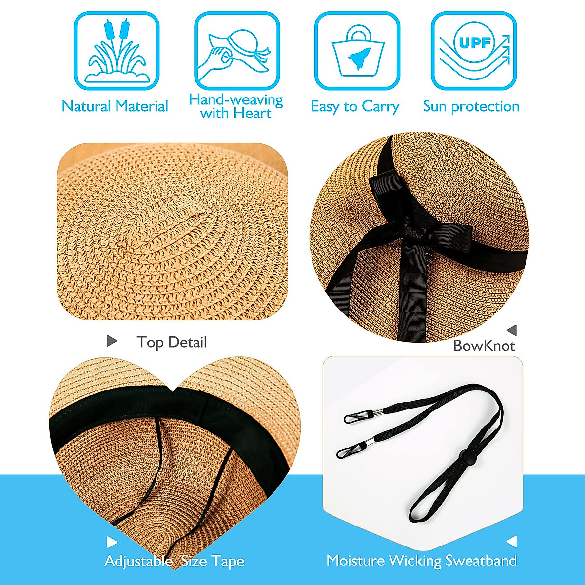 Foldable Beach Sun Hat for Women, UV Protection Wide Brim Straw Visor Hats, Fashionable Boho Hats for Girls, Outdoor Tribe Sun Hats for Travel Gardening Beach (Dark Khaki M)