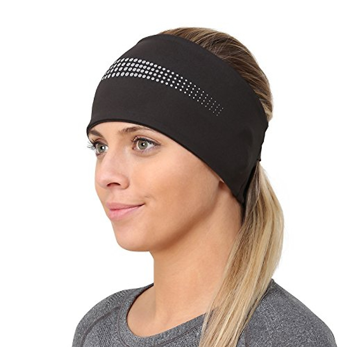 TrailHeads Womens Ponytail Headband - Reflective, Moisture Wicking Hair Headband for Running, Winter - Adrenaline Series - Black/Heather Navy Reflective - 2 Pack
