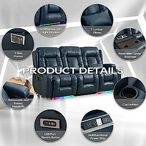 IPKIG Power Loveseat Recliner - 76.8" Reclining Loveseat 3-Seater Recliner Sofa with 4 Colors LED Strip, AC Outlets, USB-A/C Ports and Cup Holders for Living Room Home Theater (Blue, 3-Seater)