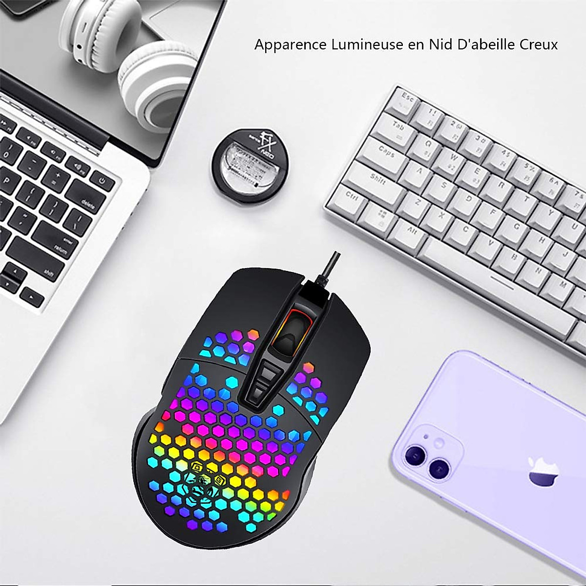 Lightweight Gaming Mouse, Honeycomb USB Wired Mouse with Backlight, 4000 DPI, RGB Computer Gaming Mouse for Mac, Laptop, PC (Black)