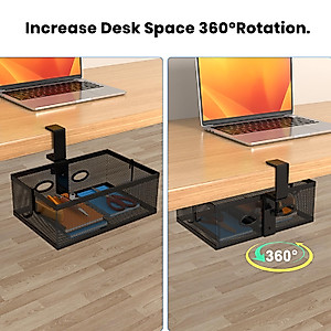 HAMOPY Under Desk Drawer Organizer, Clamp-on No Drill Under Desk Storage Drawers with 2 Cable Holes, 360° Rotatable Hidden Desk Must Haves for Home and Office Accessories