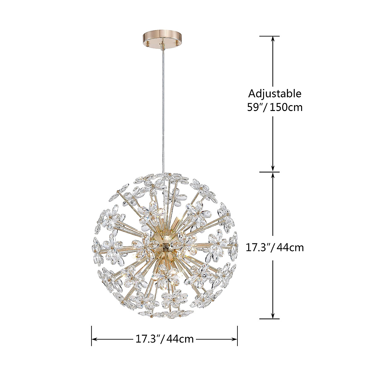 Shrine LIGHTING Dandelion Crystal Chandeliers, Modern Design, Firework Pendant Light Fixture for Living Space, H17'' x D17'', Adjustable Chains 59'', G9*9 Sockets, Brilliant Gold Finish Frame