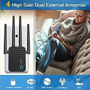 Wireless Signal Booster up to 1500 Sq.ft, 2.4 & 5GHz Dual Band Amplifier with Ethernet Port, 4 Antennas 360° Coverage Extend WiFi Signal to Smart Home