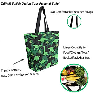ZzWwR Stylish Green Dinosaurs Footprint PatternExtra Large Canvas Market Beach Travel Reusable Grocery Shopping Tote Bag Portable Storage HandBags