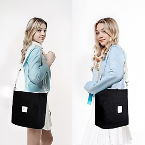 Iswee Canvas Tote Bag with Zipper Multi Pockets Tote Purse for Women Fashion Crossbody Tote Shoulder Bag Handbag Everyday Bag(IUU009-Black)