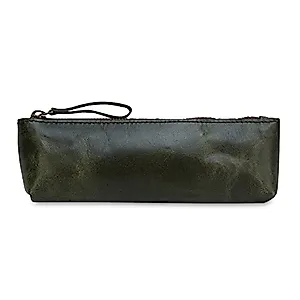 Leather Pencil Pouch, Make-up Brush Pouch, Leather Pencil Case, Zippered Pouch for Make-up essentials, Pen Case, Pen & Marker Case, Pencil Case For Students & School (Forest Green)