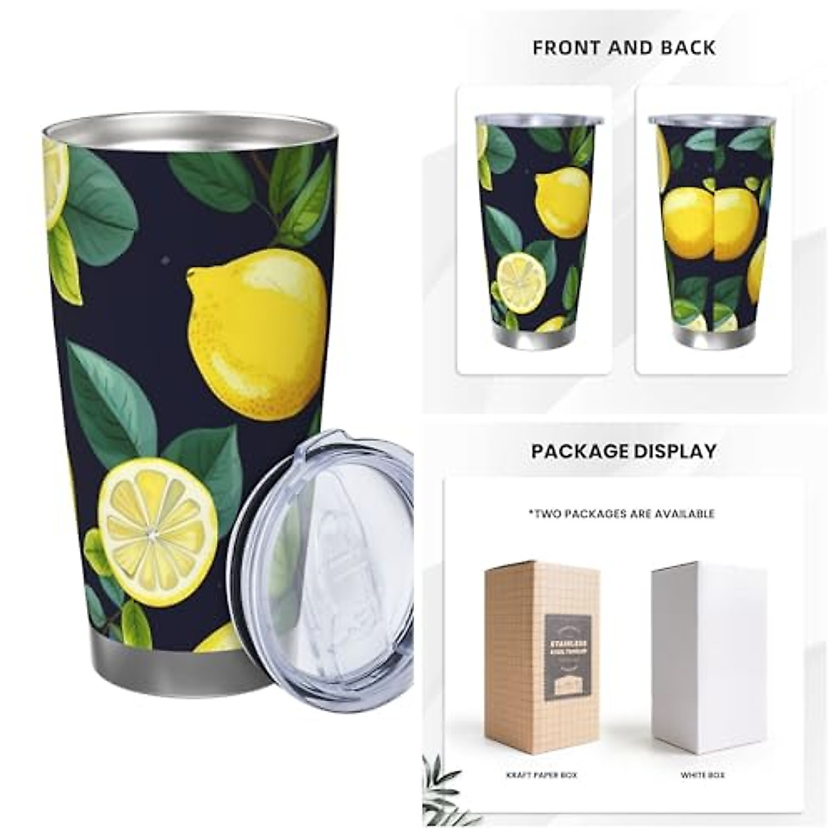 Lemon fruit Tumbler with Lid and Straw 20oz Stainless Steel Car Cup for Hot and Cold Drinks, Double Wall Insulated Travel Coffee Mug Reusable Drink Thermos Cup Birthday Gifts